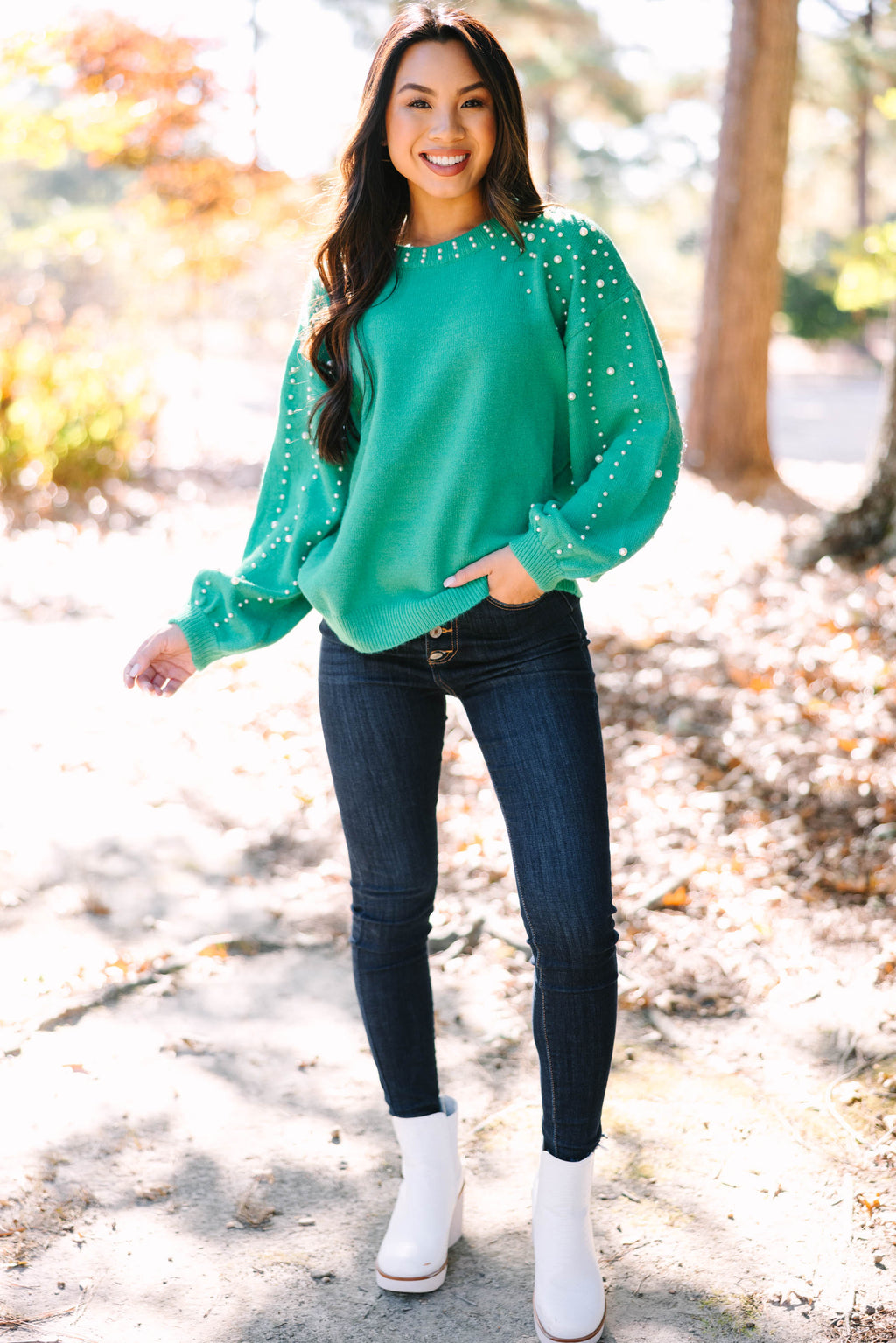 Can't Help But Love Emerald Green Pearl Studded Sweater – Shop The Mint