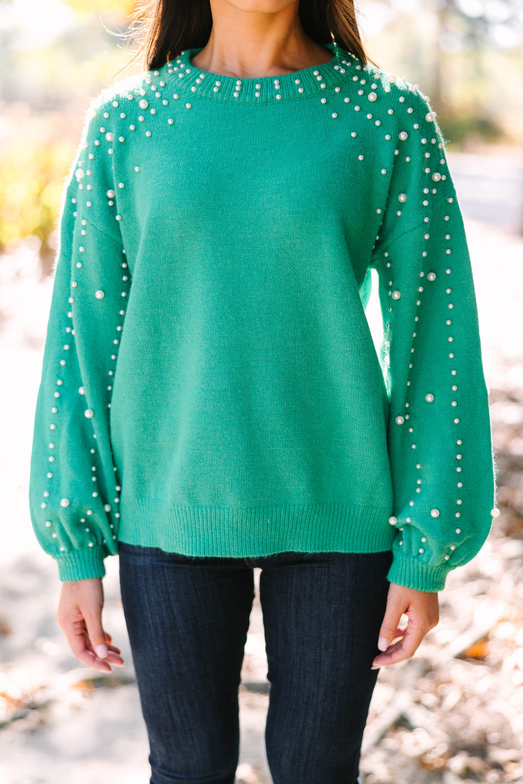 Can't Help But Love Emerald Green Pearl Studded Sweater – Shop The Mint