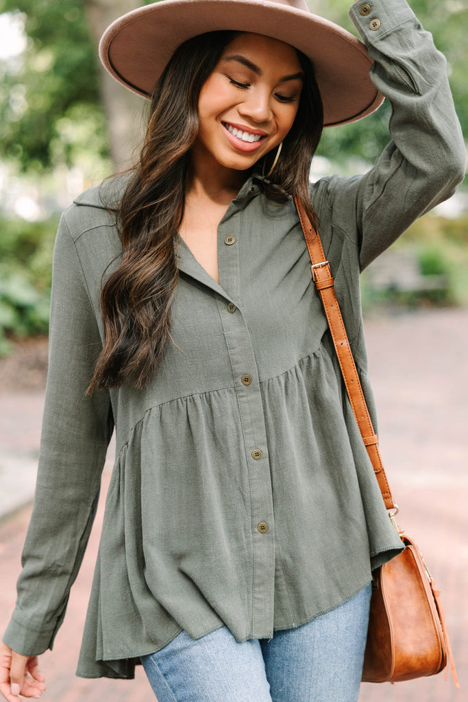 Comfy Army Green Linen Top - Fall Boutique Tops – Shop the Mint