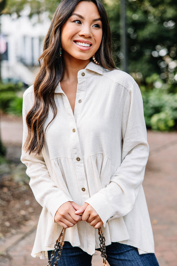 Comfy Oatmeal White Linen Top - Causal Fall Tops – Shop the Mint