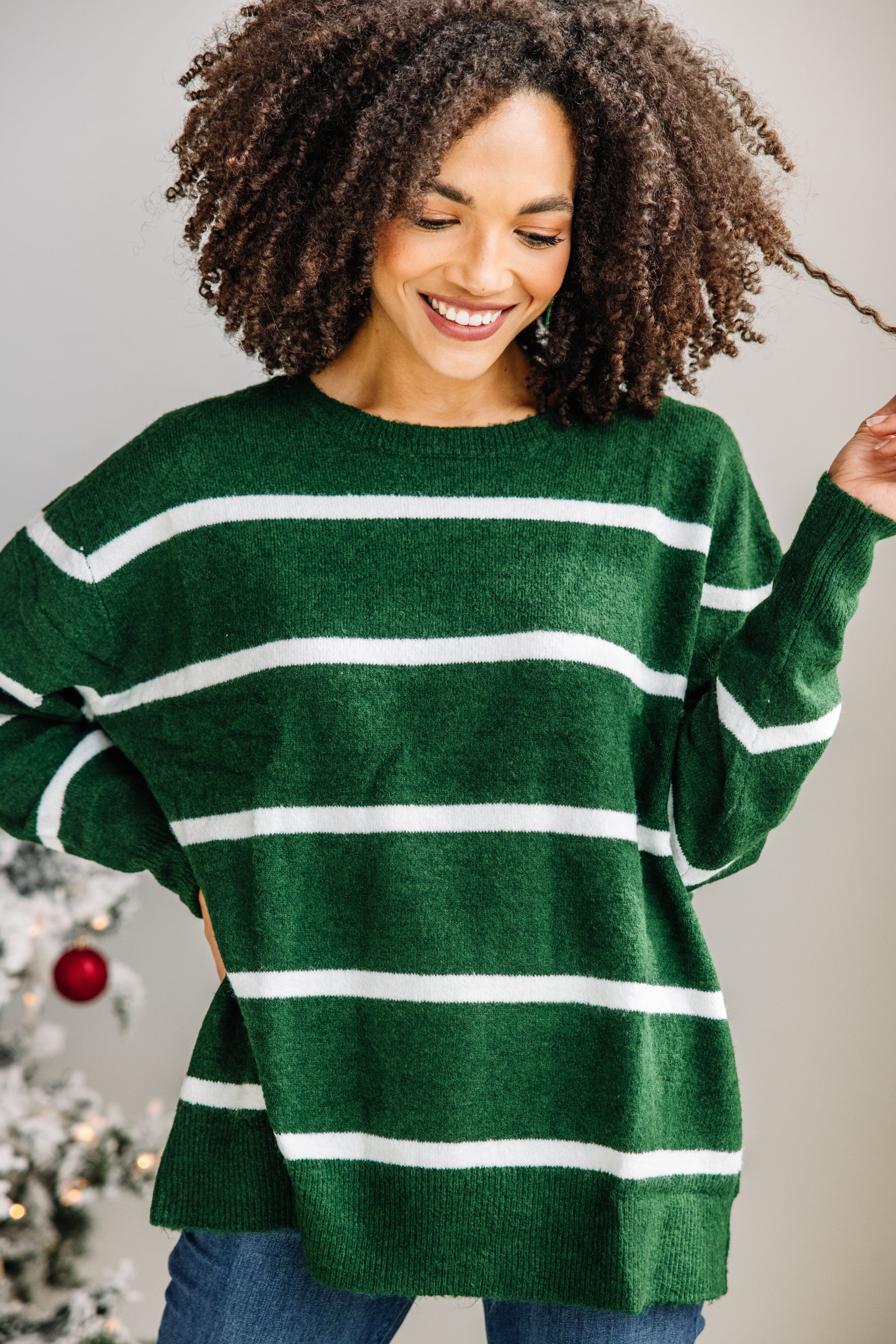 Casual Hunter Green Striped Sweater - Long Sleeves – Shop The Mint