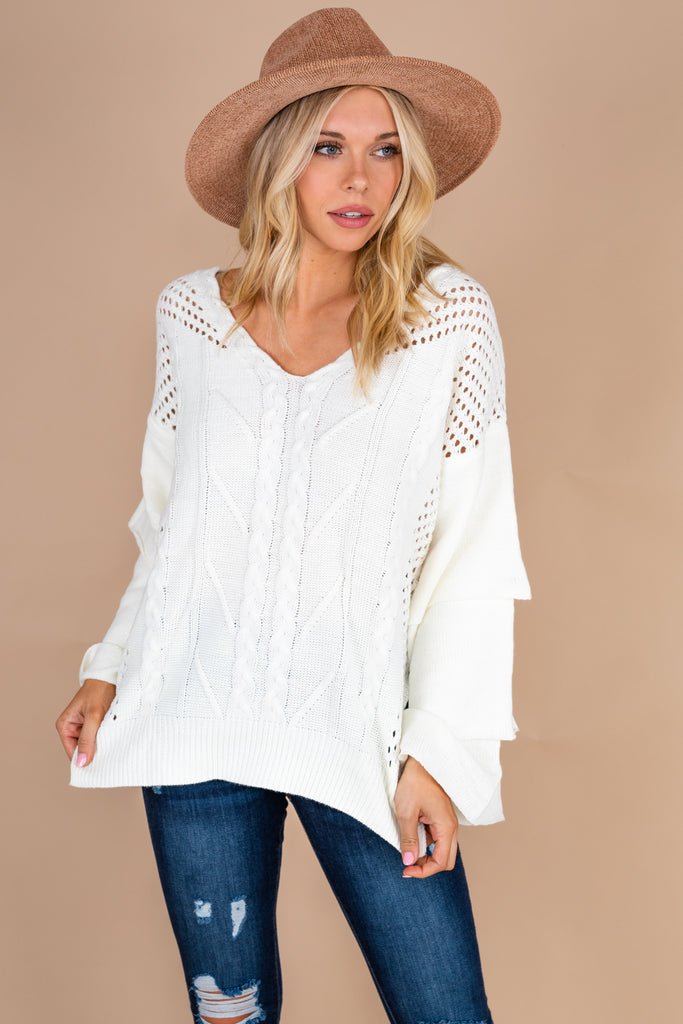 Dramatic Off White Cable Knit Sweater - Layered Sleeves – Shop the Mint