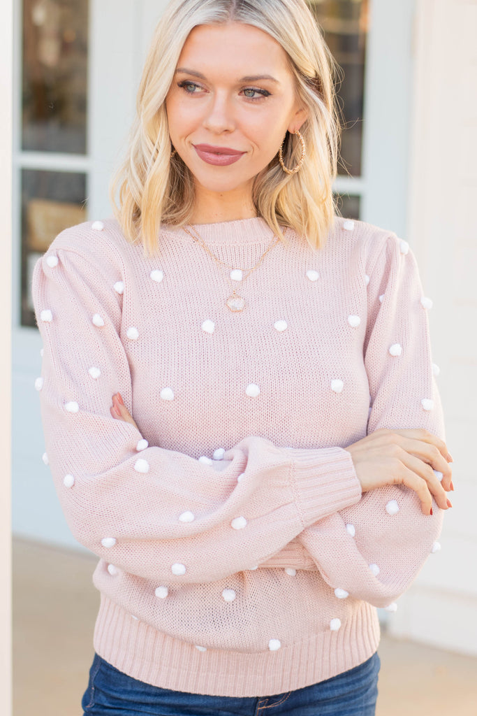 Preppy Cute Blush Pink Pompom Sweater - Long Sleeve Sweater – Shop the Mint