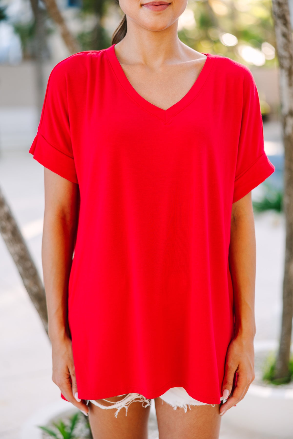 Classic Ruby Red V-Neck Top - Short Sleeves – Shop the Mint