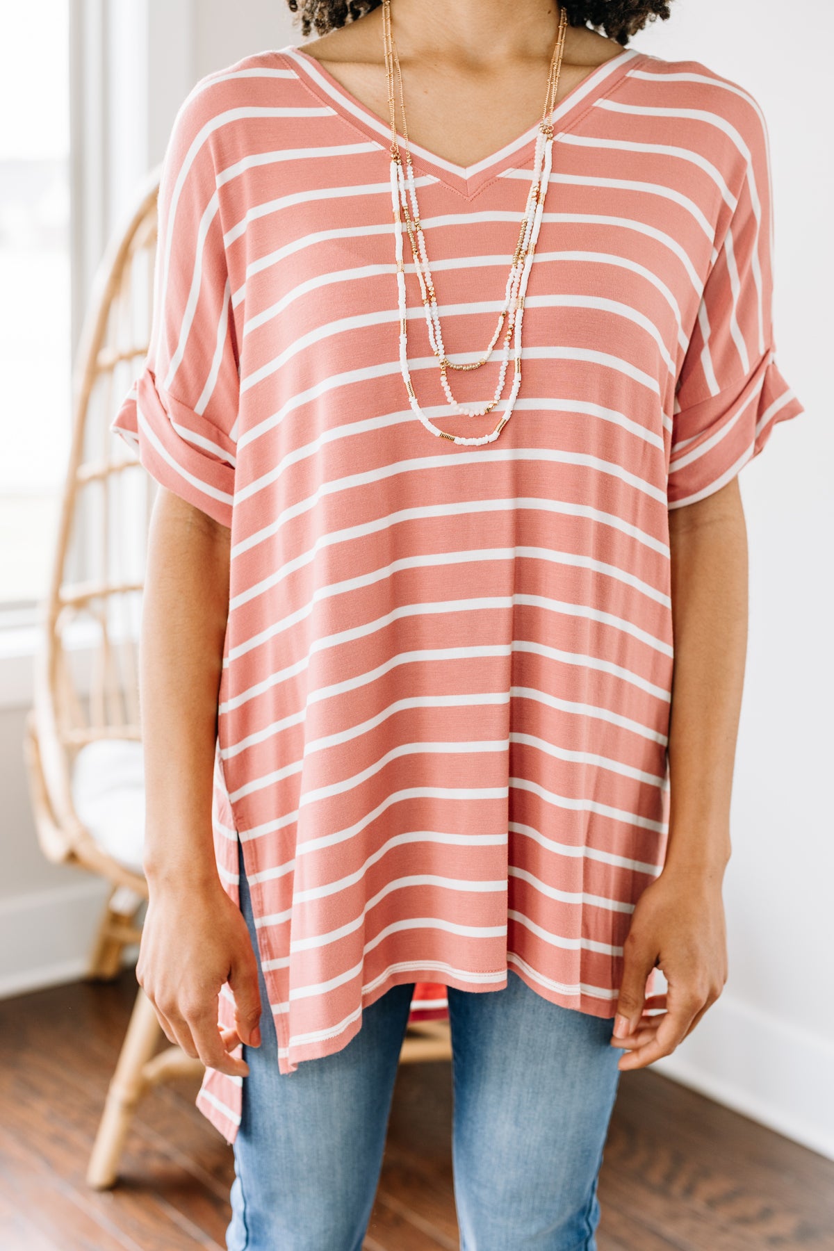 Versatile Ash Rose Pink Striped Top - Cuffed Sleeve Top – Shop the Mint
