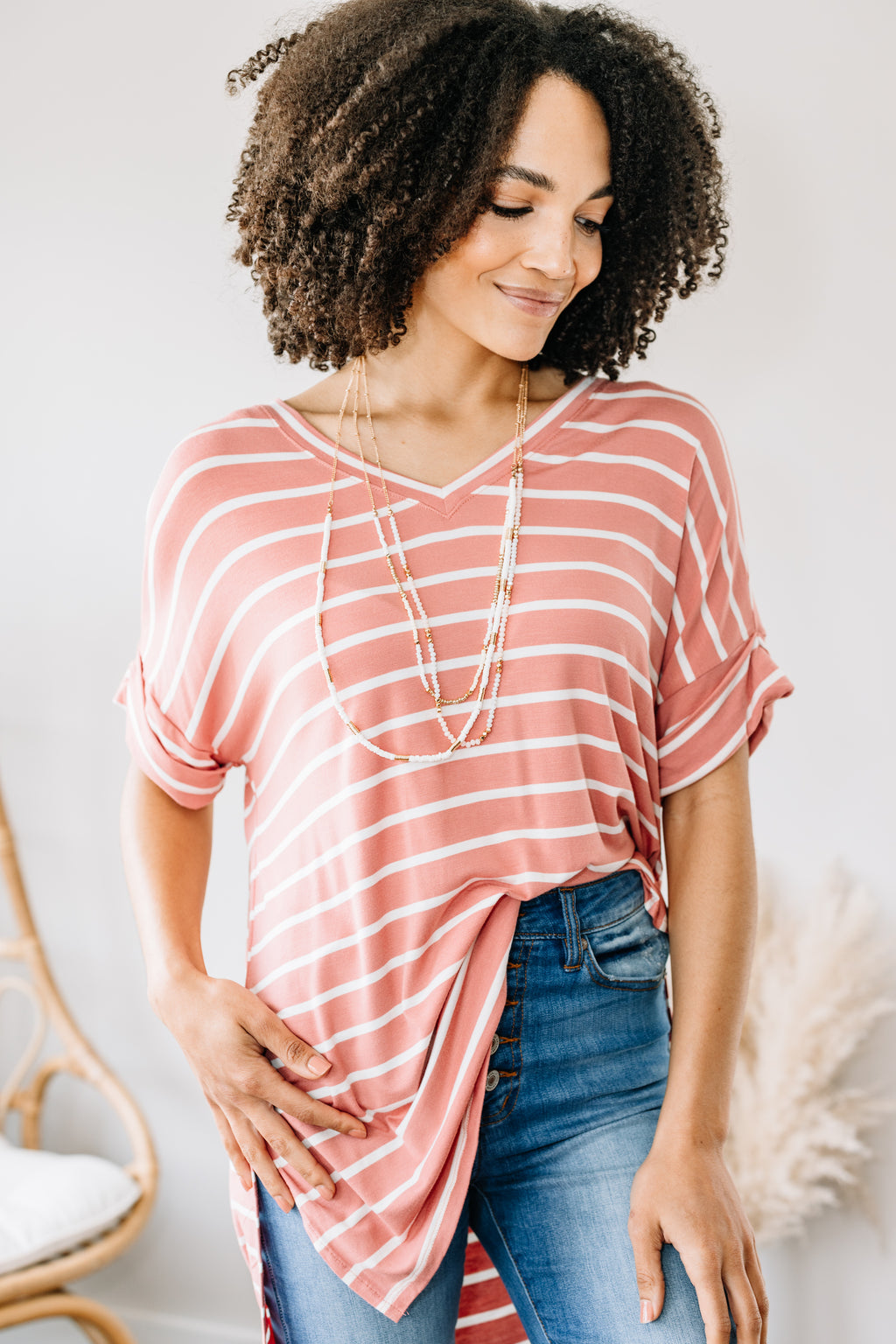 Versatile Ash Rose Pink Striped Top - Cuffed Sleeve Top – Shop The Mint
