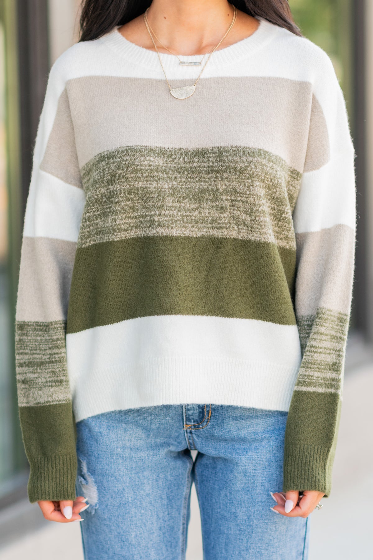 Cozy Up Olive Green Colorblock Sweater - Fall Sweaters – Shop the Mint