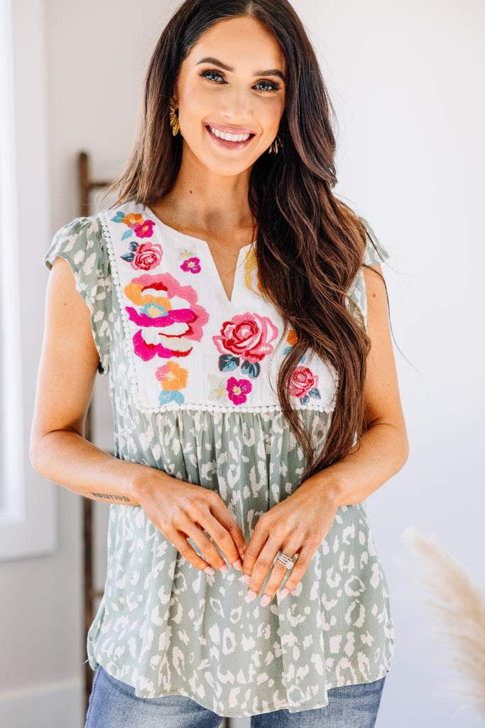 Cute Green Leopard Embroidered Top - Trendy Boutique Tops – Shop the Mint
