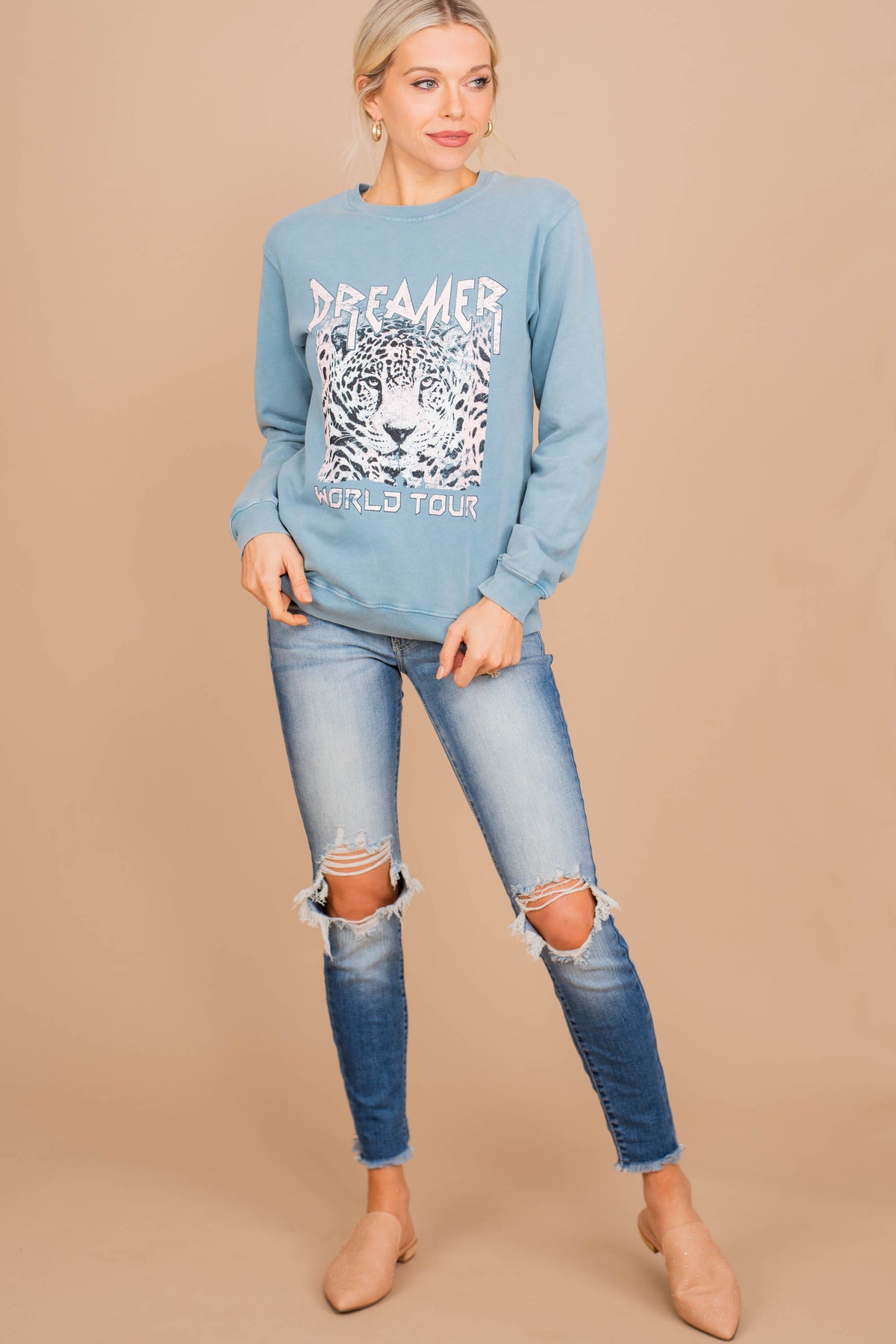 Edgy Light Blue Graphic Sweatshirt - Trendy Graphic Sweatshirts – Shop ...