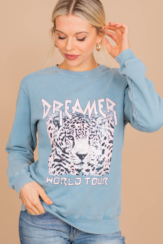 Edgy Light Blue Graphic Sweatshirt - Trendy Graphic Sweatshirts – Shop ...