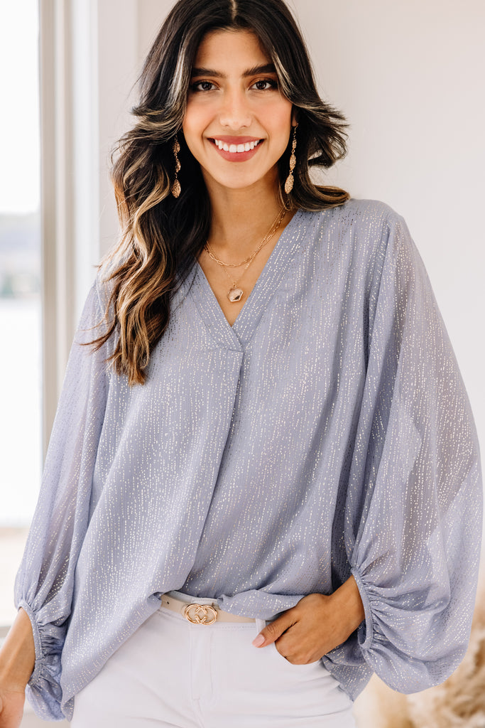 Bold Misty Blue Bubble Sleeve Blouse - Chic Women's Blouses – Shop the Mint