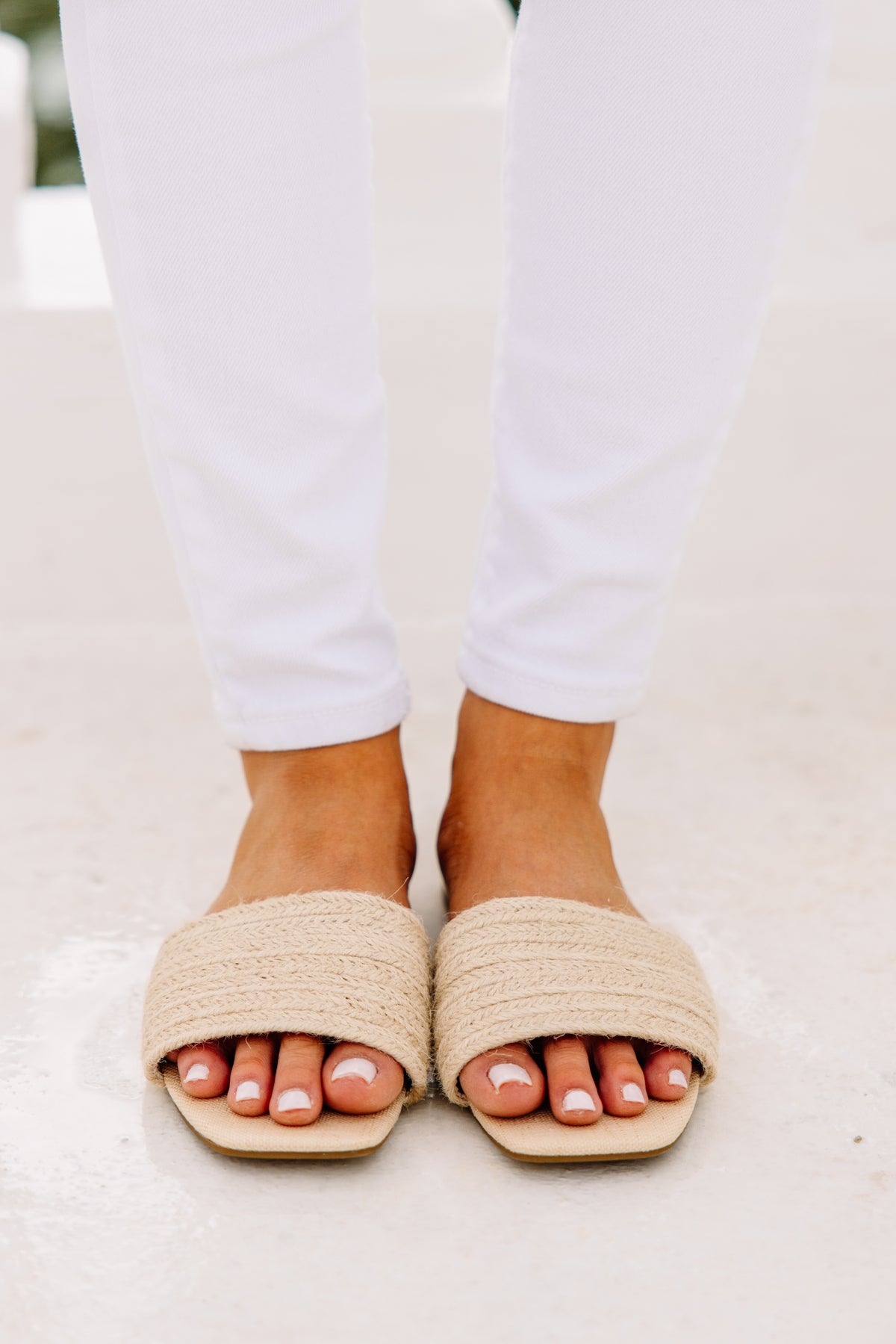 Chic Natural White Sandal - Trendy Jute Slide Sandals – Shop the Mint