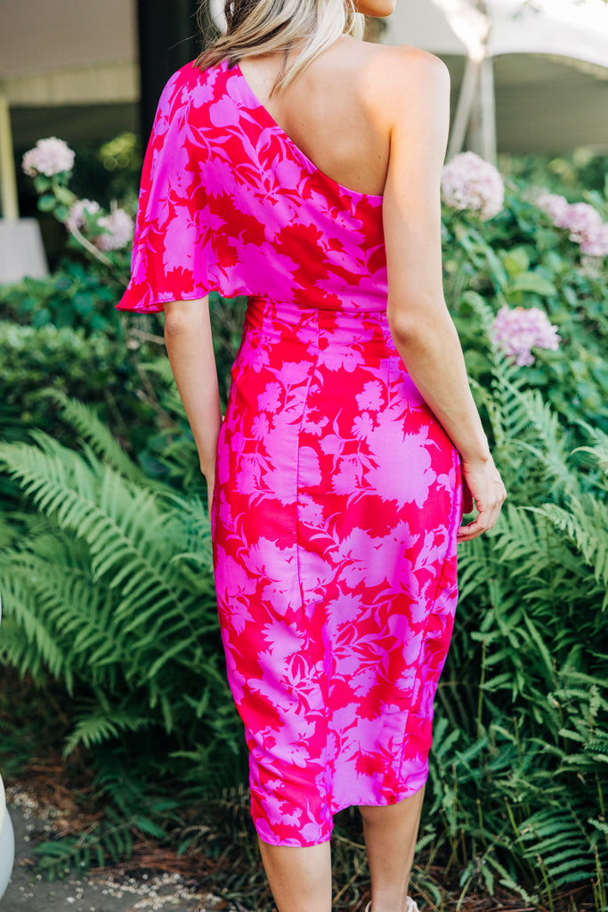 Bold Berry Pink Floral Midi Dress - Trendy Boutique Dresses – Shop the Mint