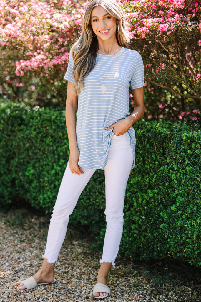 Casual Light Blue and Ivory Striped Top - Basic Women's Tops – Shop the ...