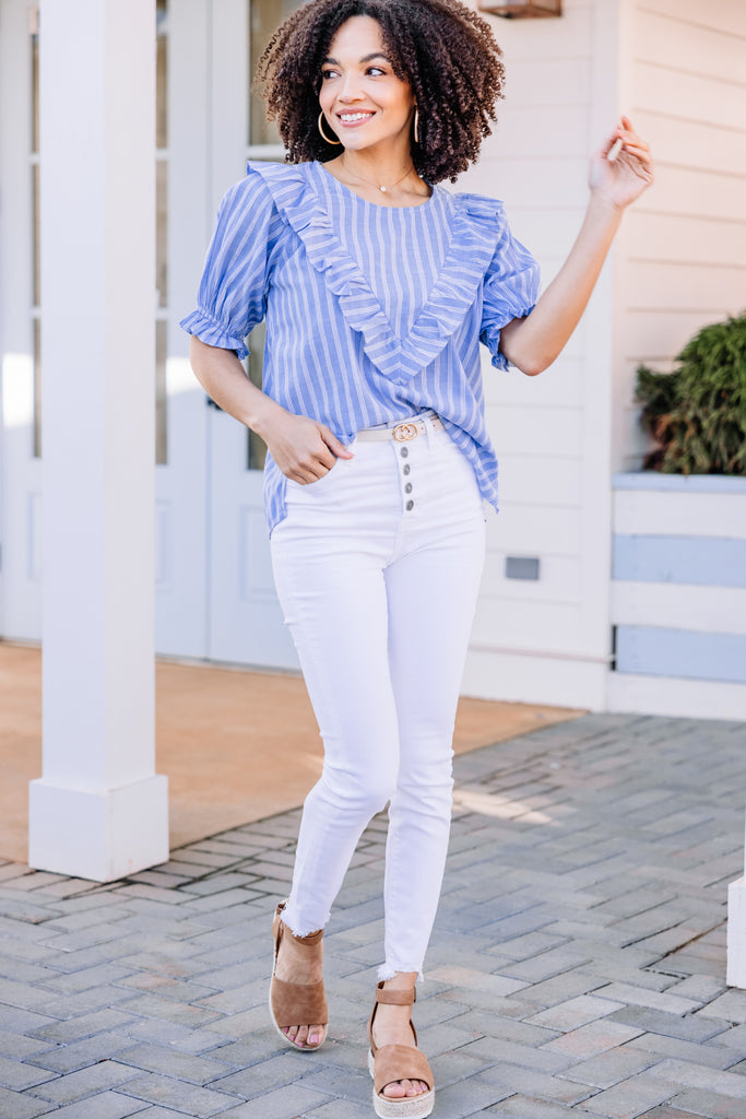Preppy Light Blue Striped Top - Trendy Women's Tops – Shop the Mint
