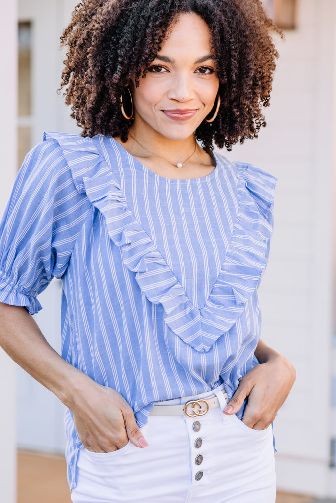 Preppy Light Blue Striped Top - Trendy Women's Tops – Shop the Mint