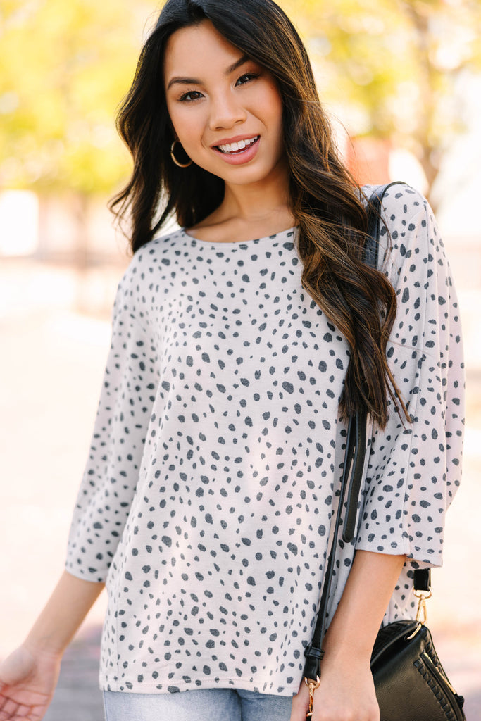 Comfy Oatmeal White Spotted Top - Casual Women's Tops – Shop the Mint